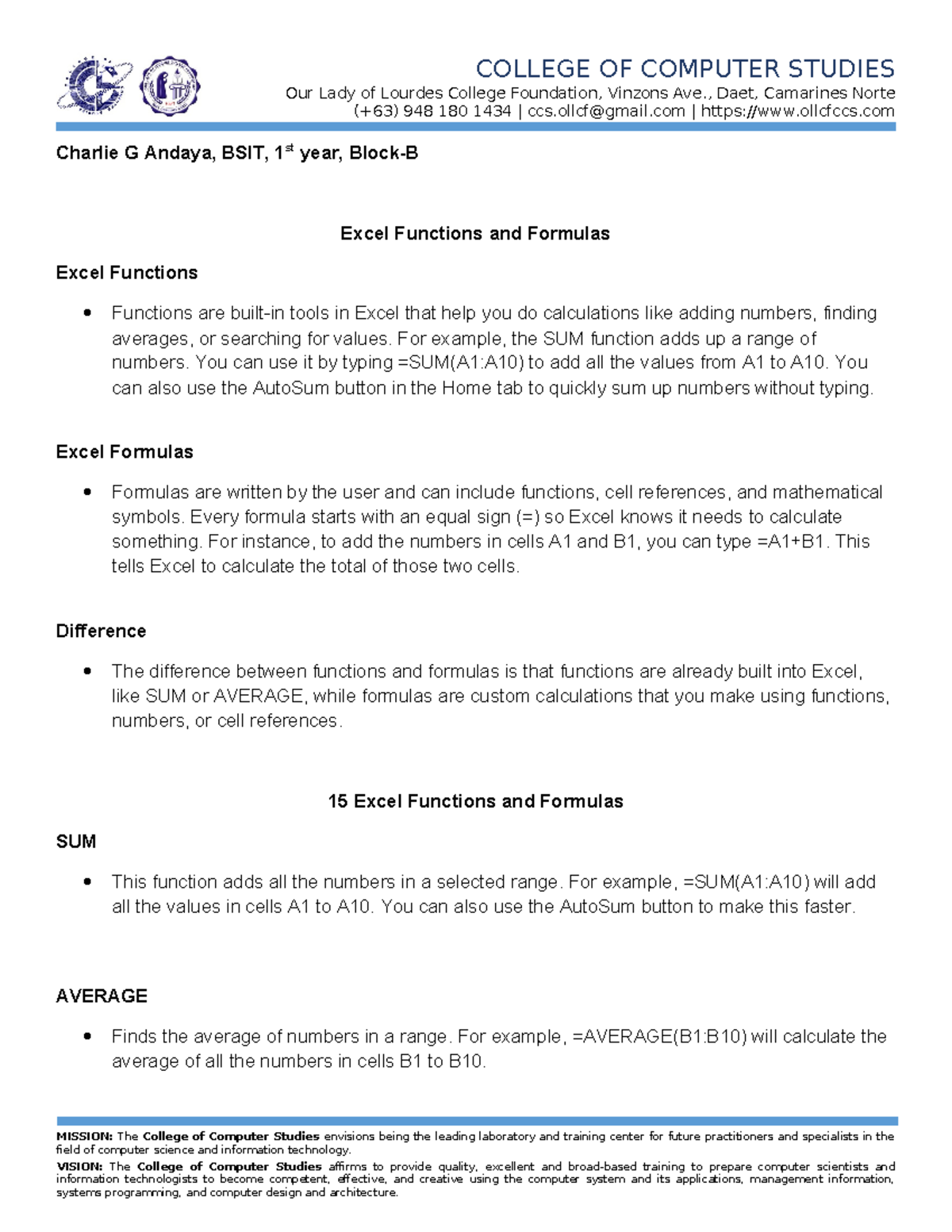 Excel Functions & Formulas Guide for BSIT 1st Year Students - Studocu