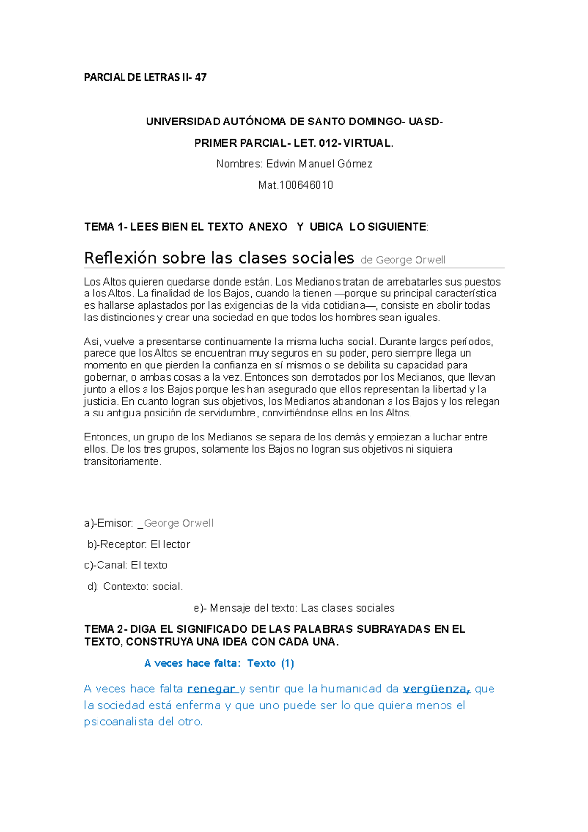 Letras II: Práctica del Primer Parcial Semestre - UASD - Studocu