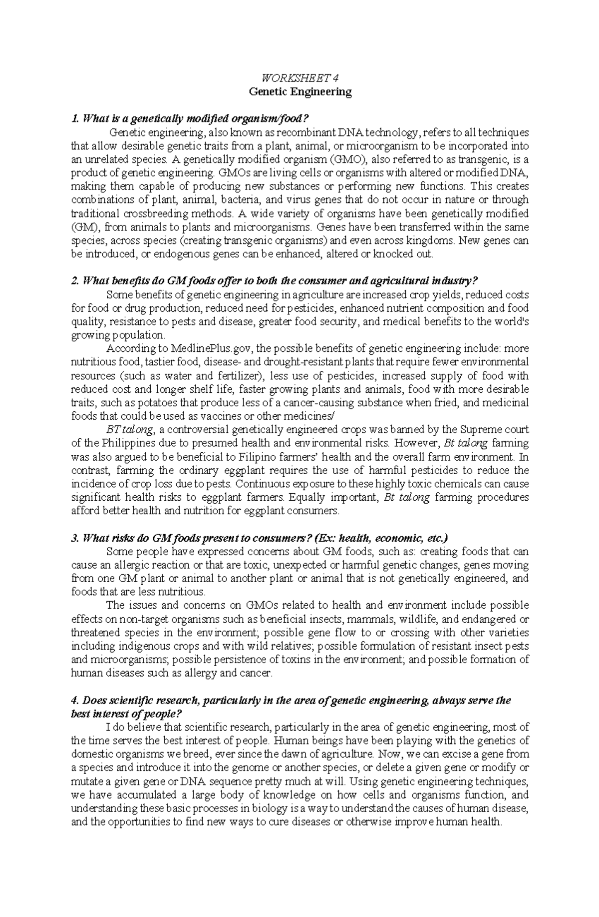 Worksheet 4: Insights on Genetic Engineering and GM Foods - Studocu