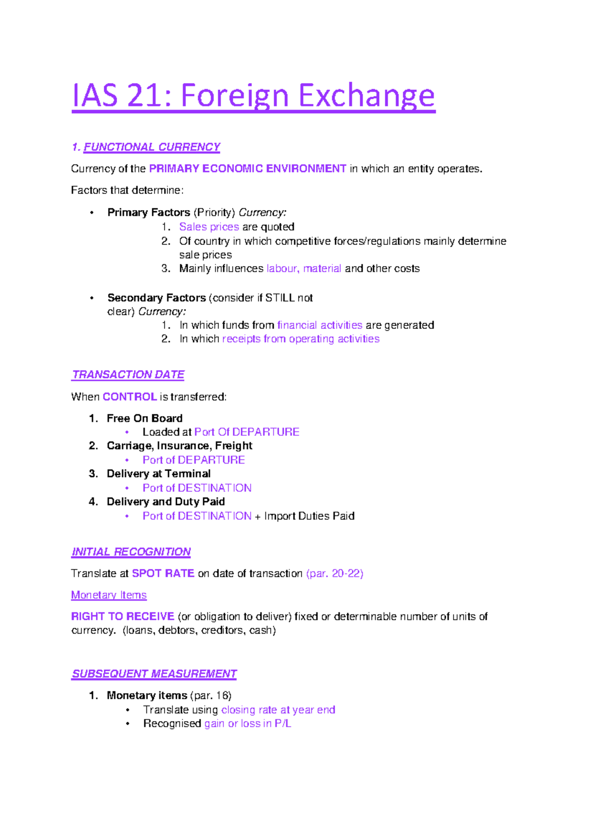 IAS 21: Summary of Foreign Exchange Functional Currency Concepts - Studocu