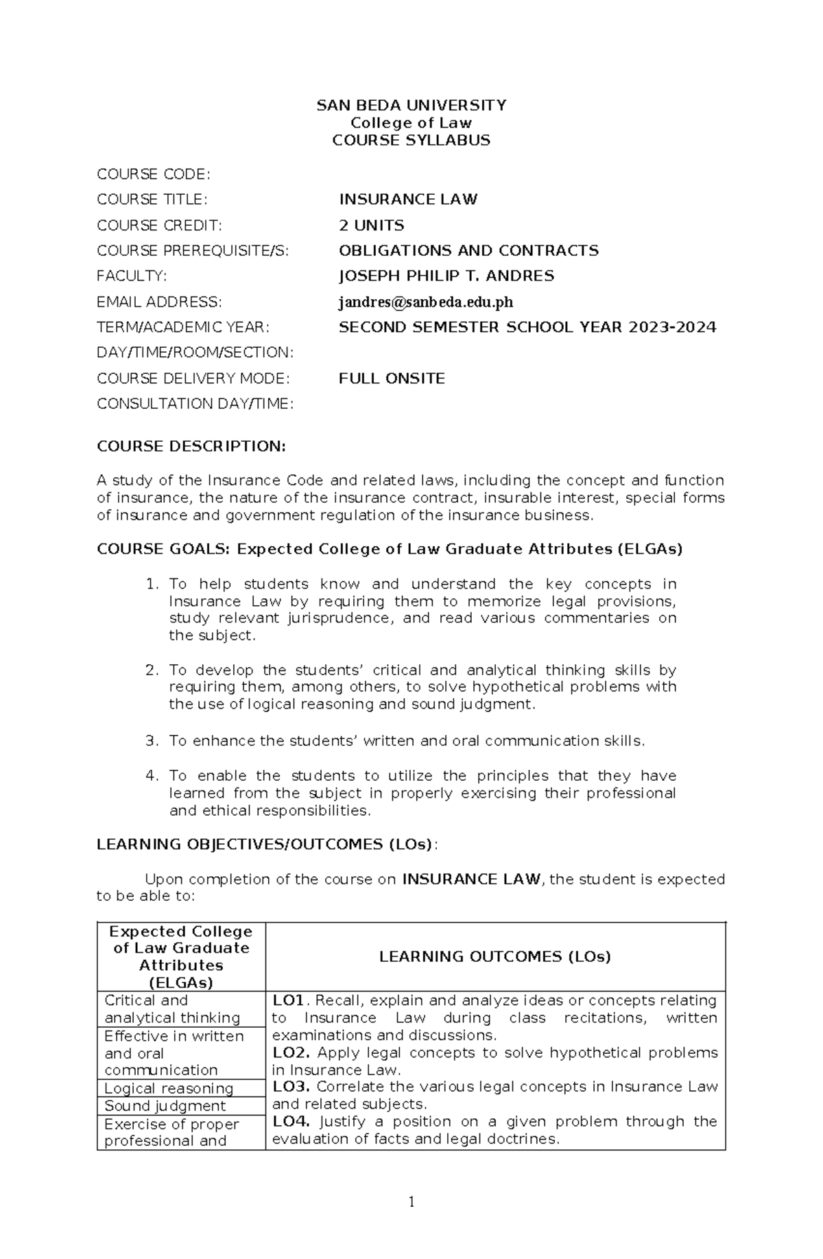 Insurance Law Departmental Syllabus - SAN BEDA UNIVERSITY College of ...