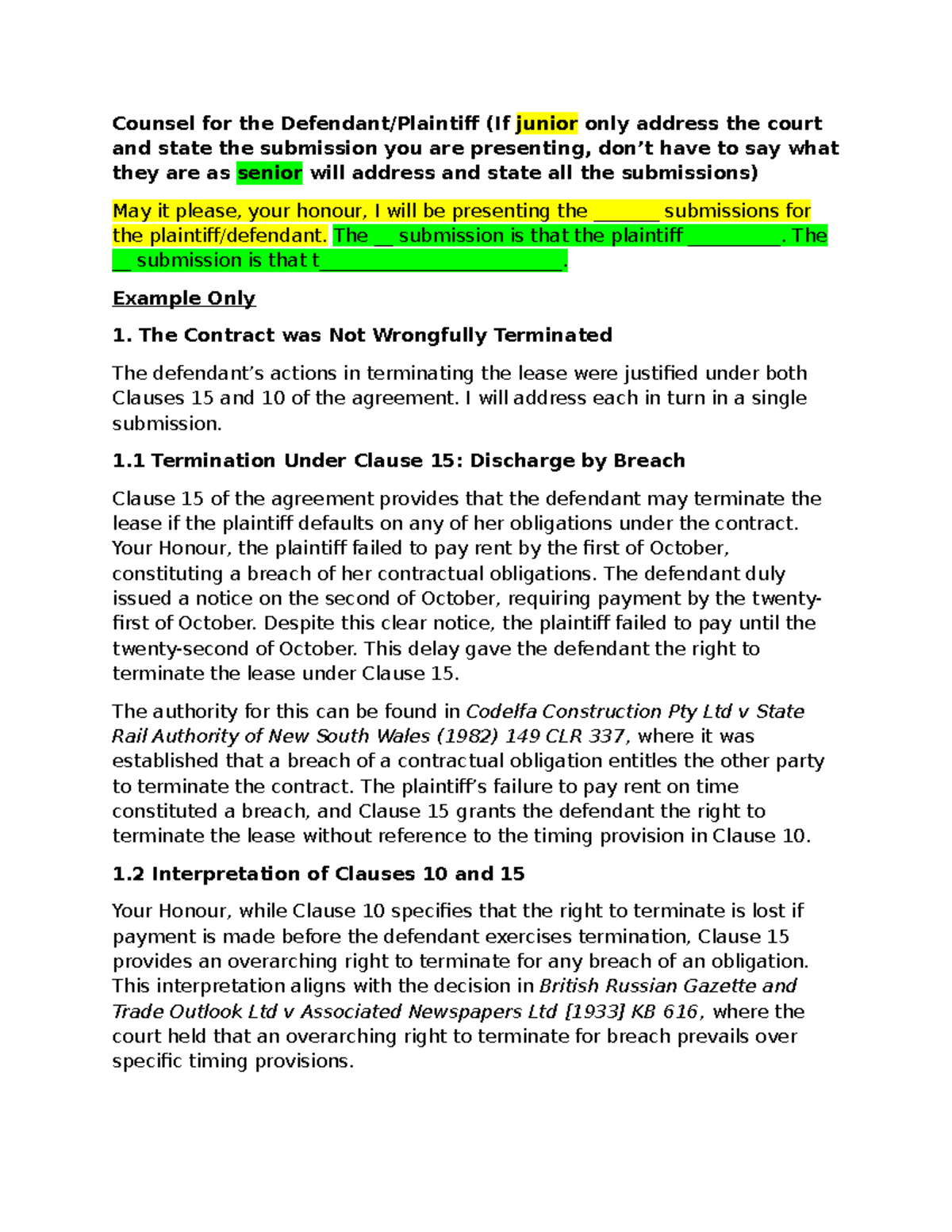 Moot Court Script Example: Legal Submissions for Defense Counsel - Studocu