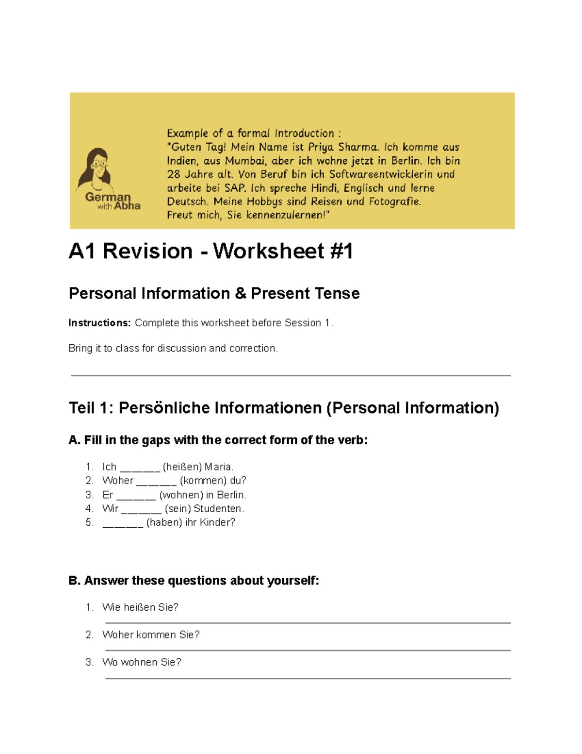 A1 Revision - Worksheet #1: Personal Info & Present Tense - Studocu