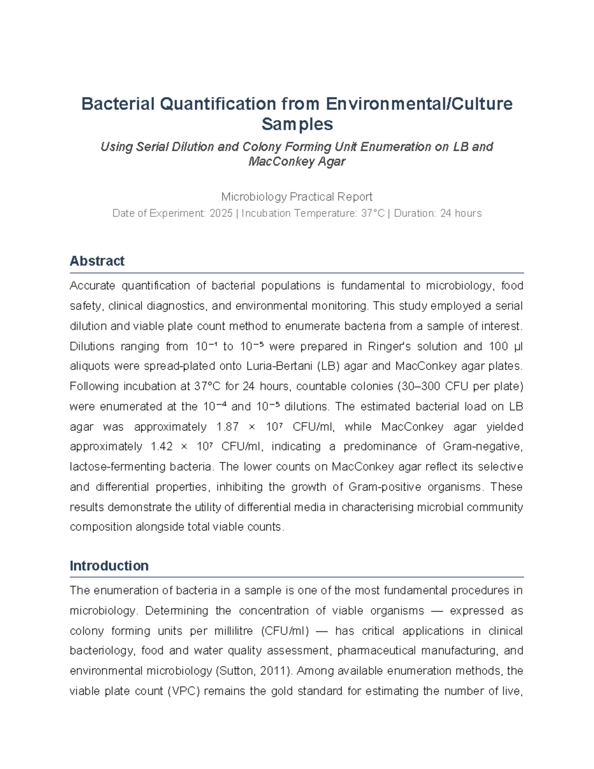 Bacterial Quantification Lab Report: Serial Dilution & CFU on LB ...