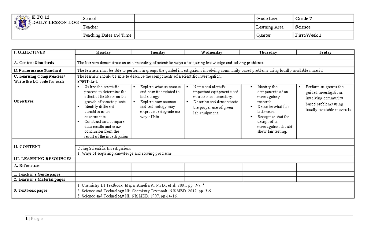 408120303 DLL Science Grade 7 Q1 Week 1 Lesson Plan - Studocu