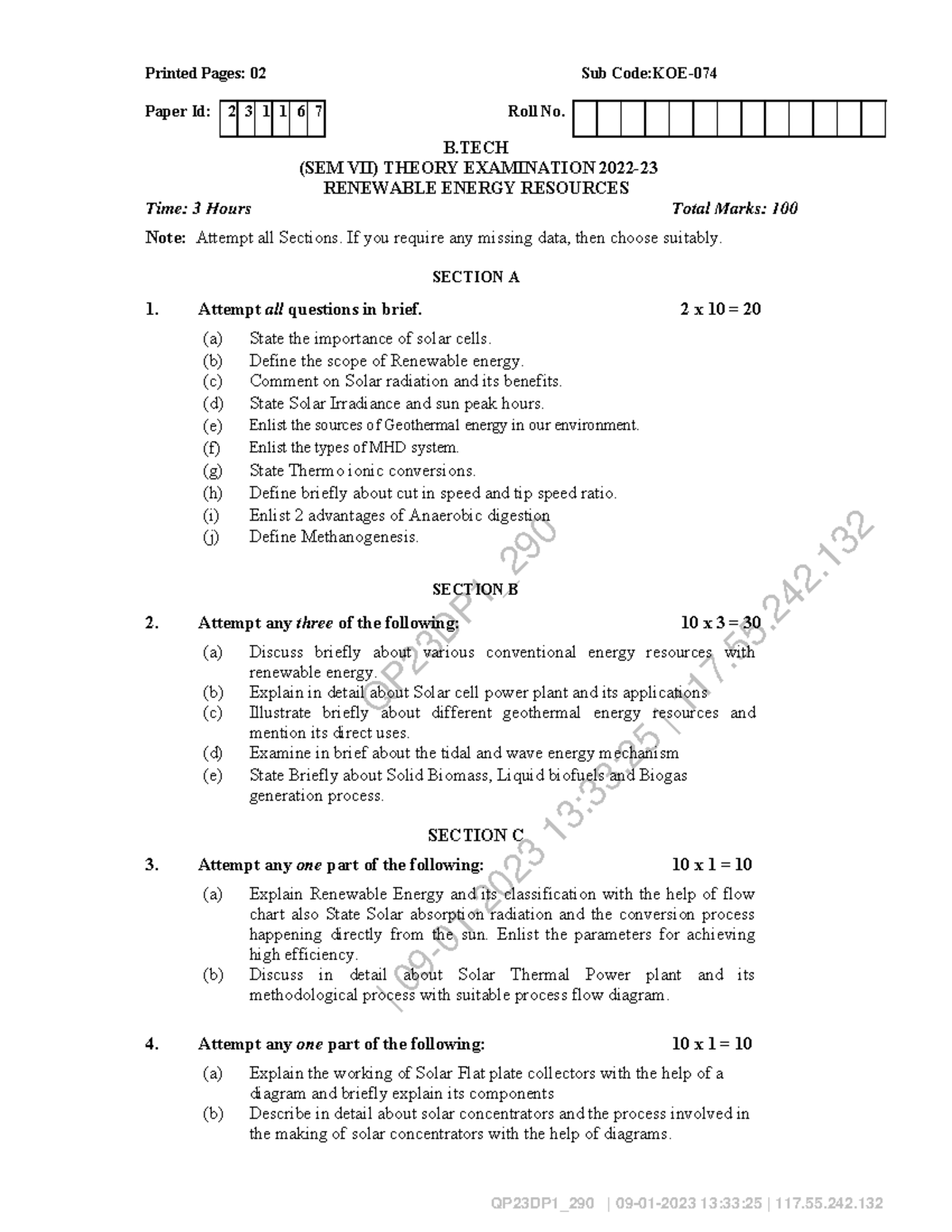 Renewable Energy Resources (RER) SEM VII 2022-23 Exam Paper Guide - Studocu
