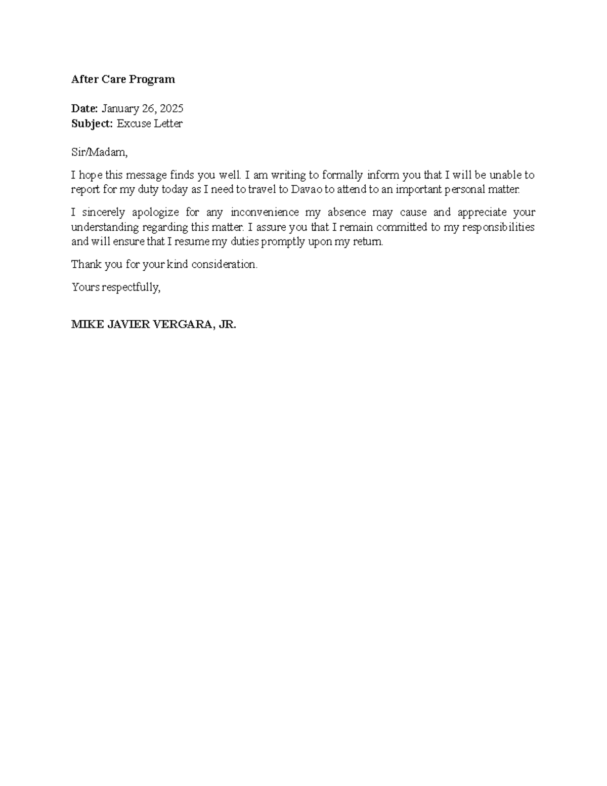After Care Program - letter - After Care Program Date: January 26, 2025 ...