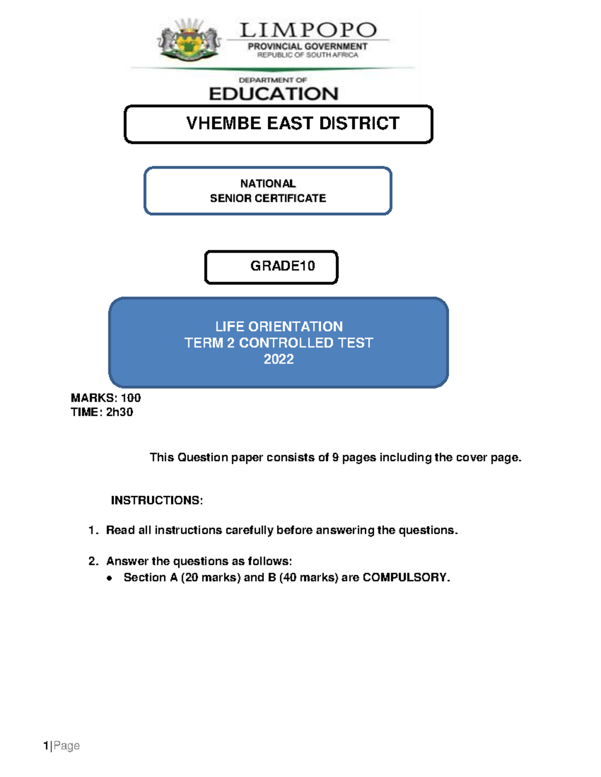 2022 LO Grade 10 Term 2 Controlled Test Question Paper - Studocu