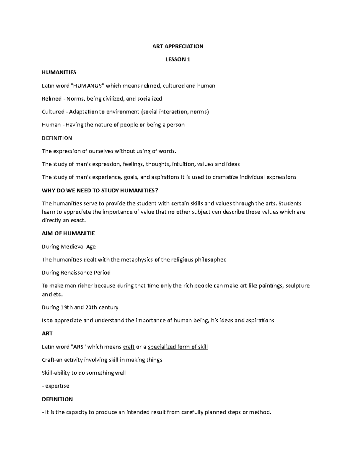 ARTS 1-3 - reviewer - ART APPRECIATION LESSON 1 HUMANITIES Latin word ...