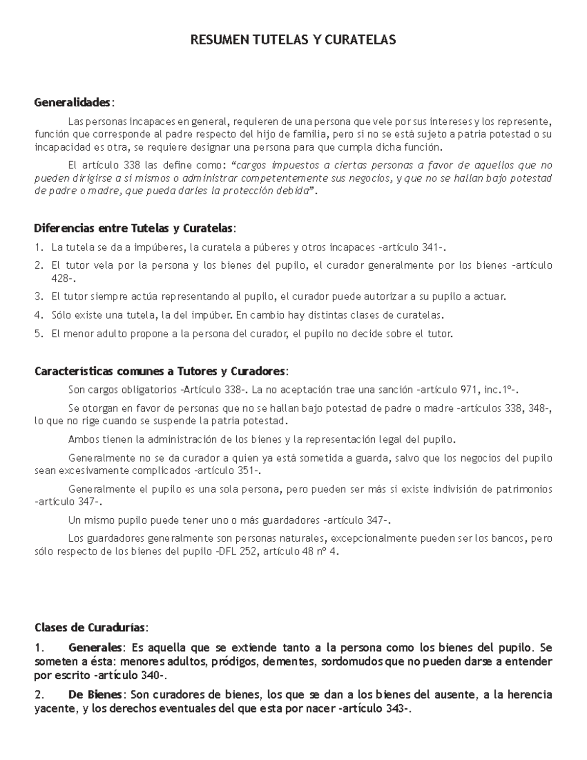 Resumen Tutelas y Curatelas: Generalidades y Clases - Studocu