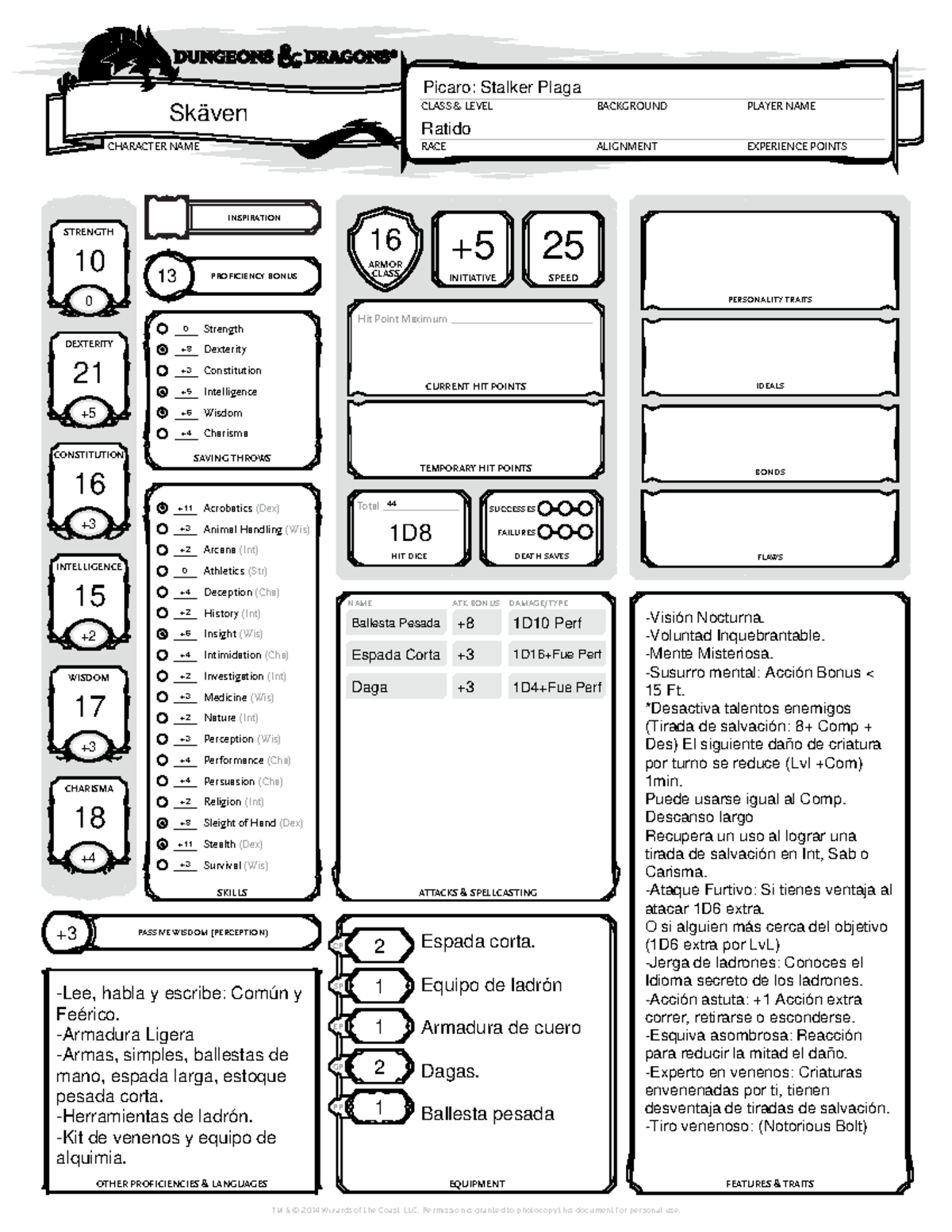 Dnd 5e Character Sheet Picaro Stalker Plaga Class Level Studocu