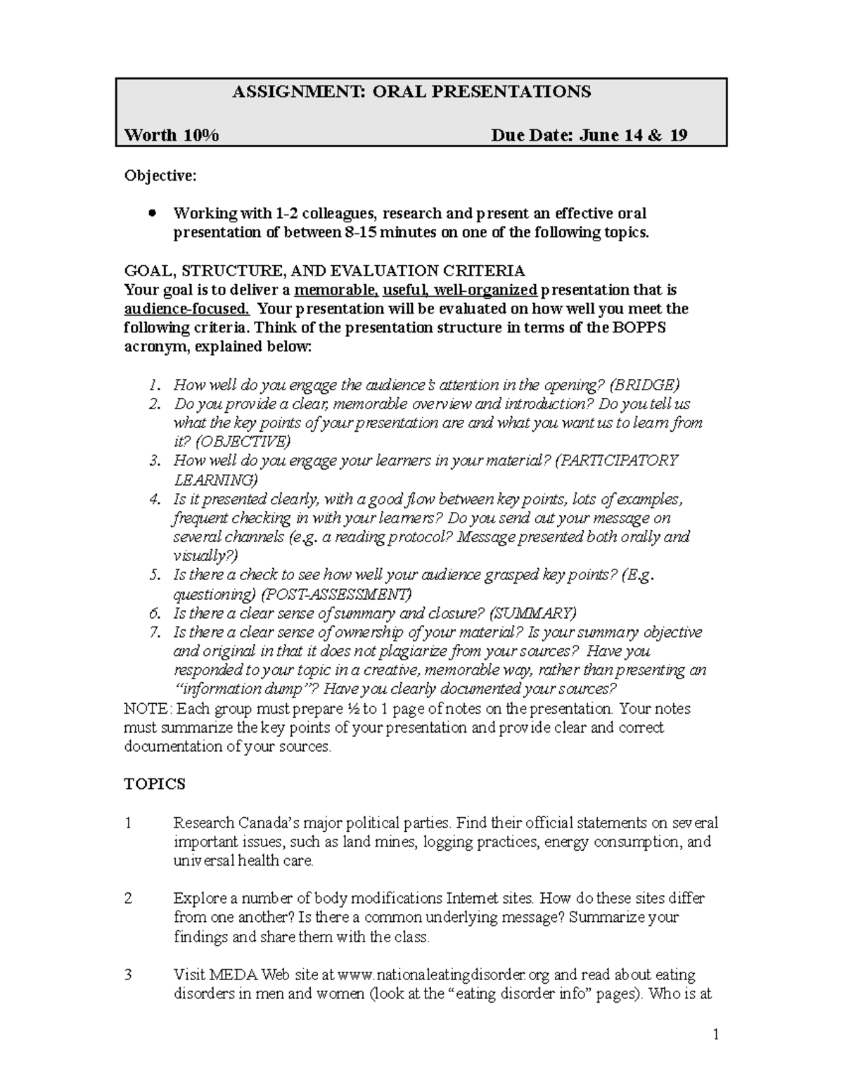 ENG 101 Oral Presentation Assignment Guidelines & Evaluation Criteria ...