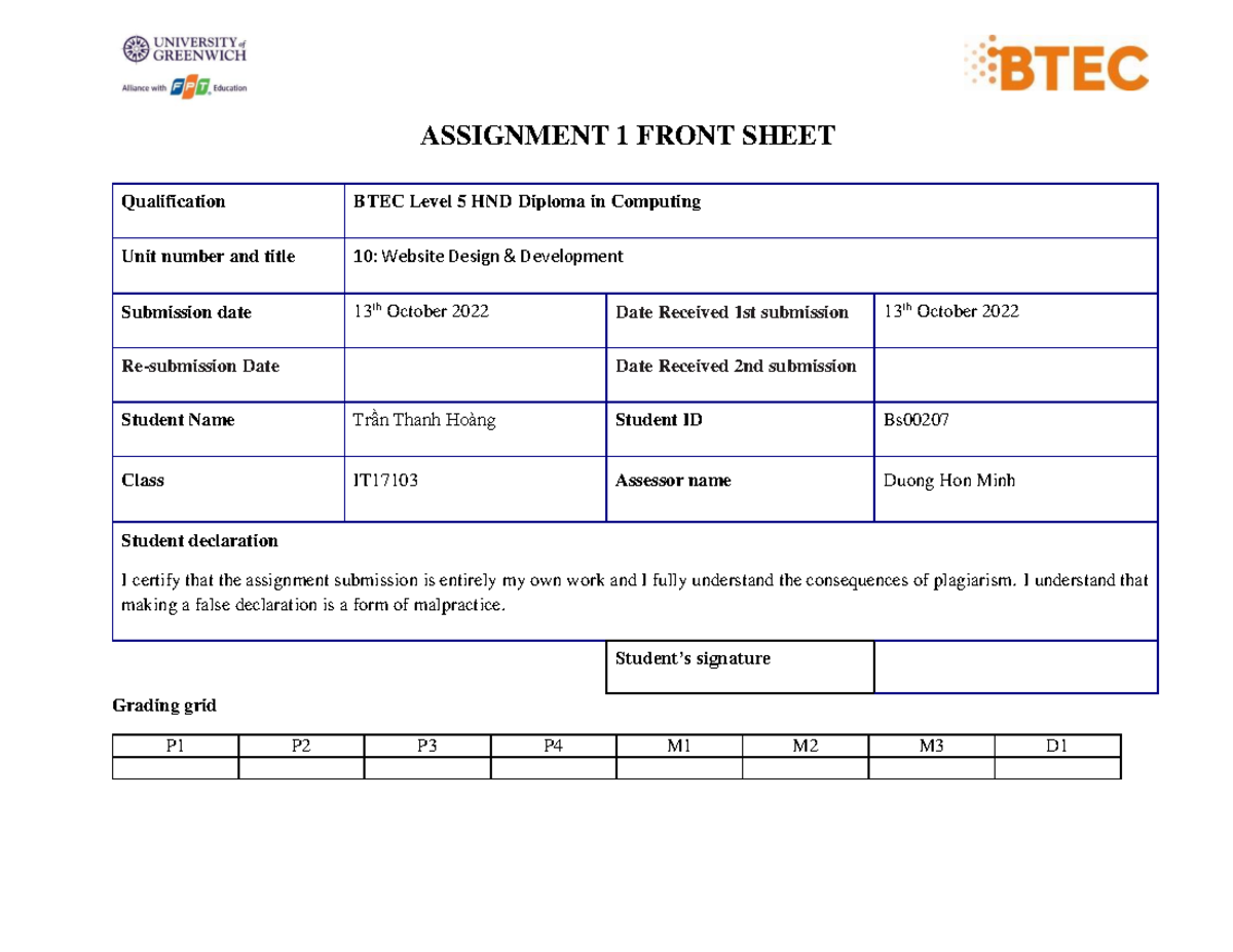 Unit 10.Assignment 1 frontsheet (Thầy minh) - ASSIGNMENT 1 FRONT SHEET Qualification BTEC Level ...