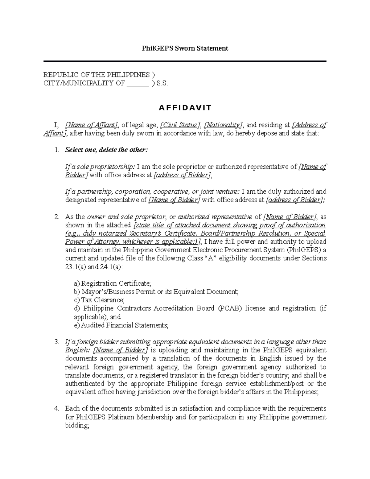 PhilGEPS Sworn Statement for Bidding Compliance 1102 - Studocu