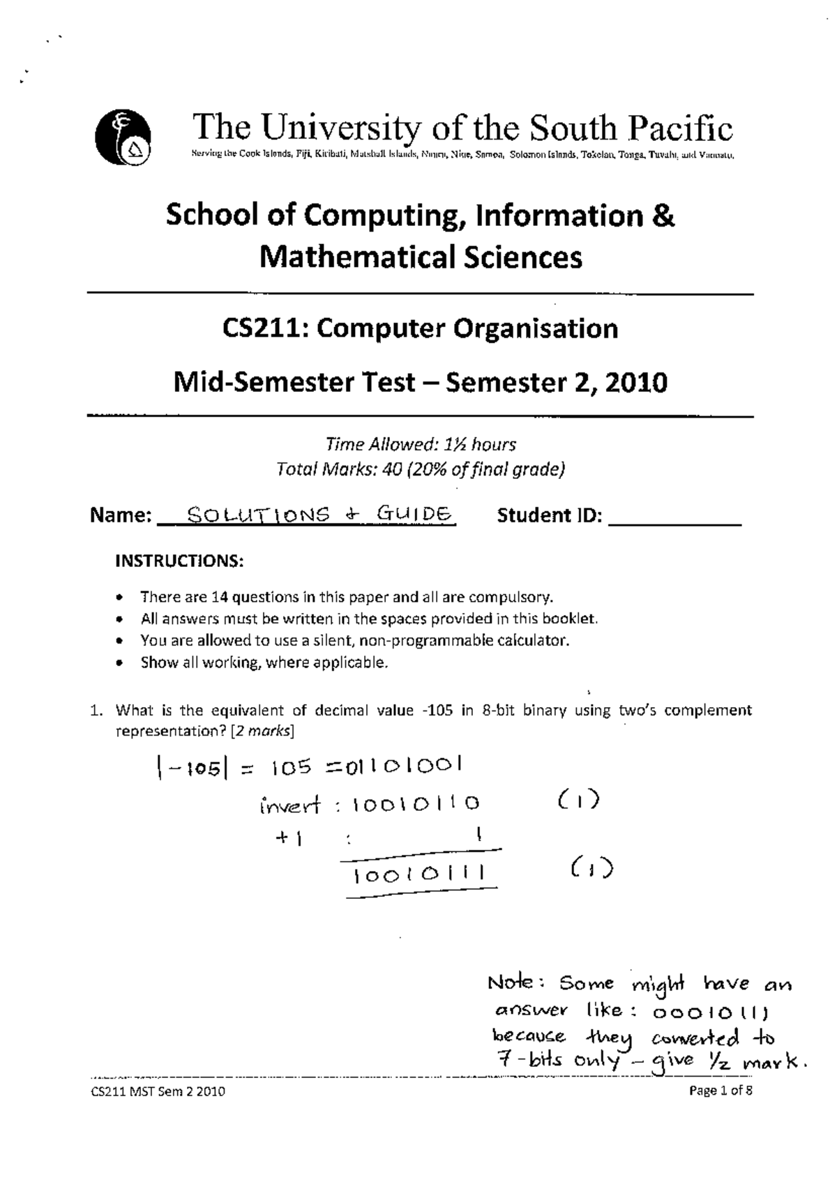 CS211 MST Sem 2 2010 - Mid Semester Test Solutions and Guide - Studocu