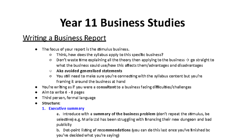 Year 11 Business Studies: Report Structure on Stimulus Business - Studocu