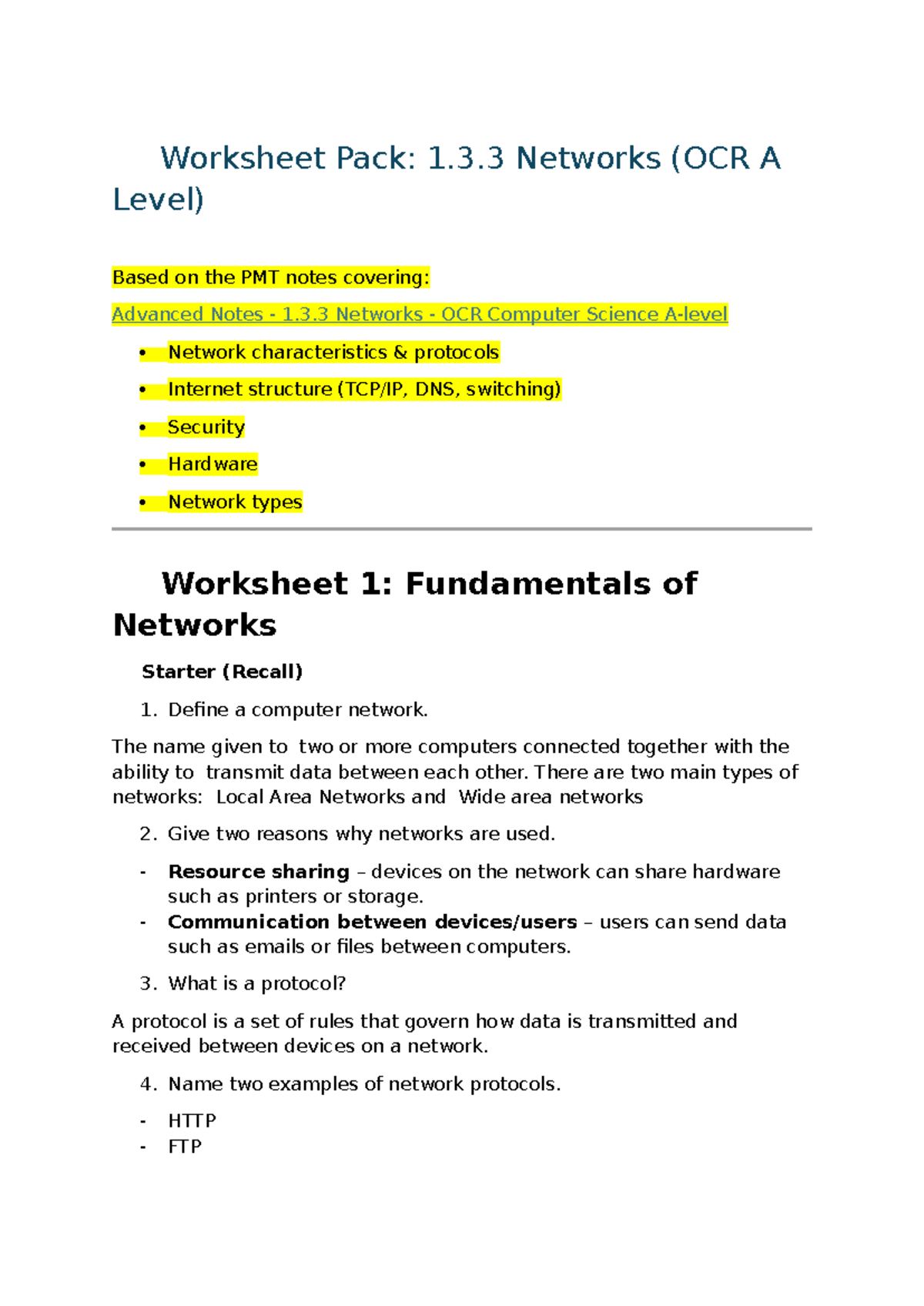 Worksheet Pack 1.3.3: Networks Overview for OCR A Level - Studocu