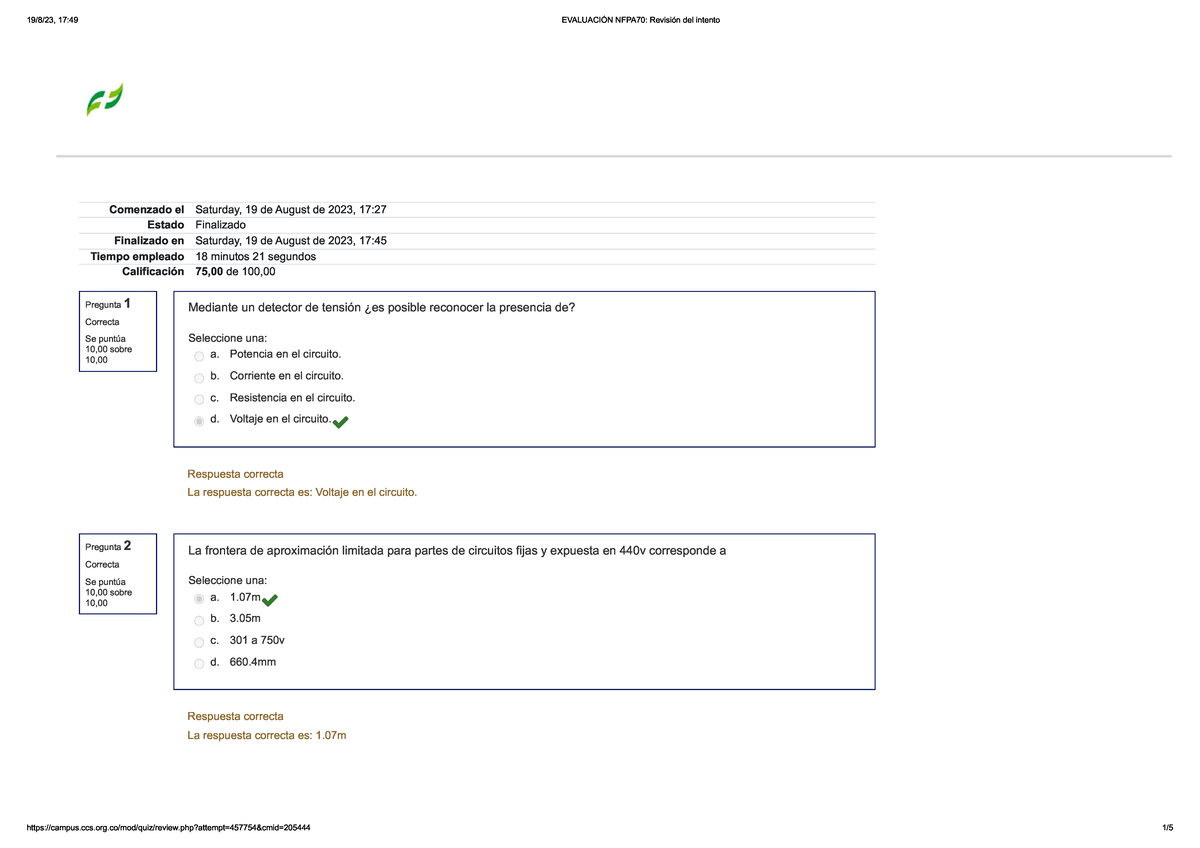 Evaluación NFPA70 Revisión del intento - ! !" - Studocu