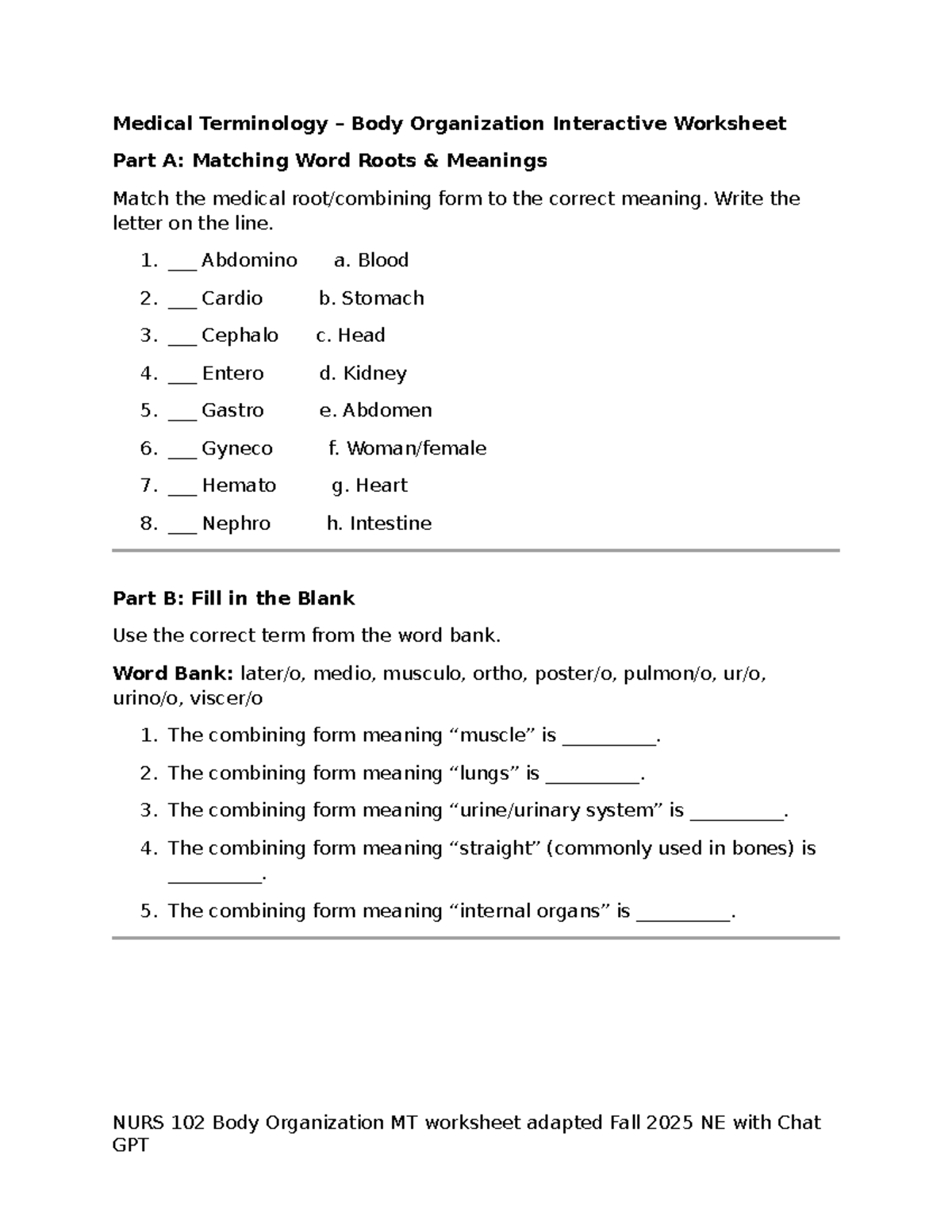 NURS 102 Medical Terminology: Body Organization Interactive Worksheet ...