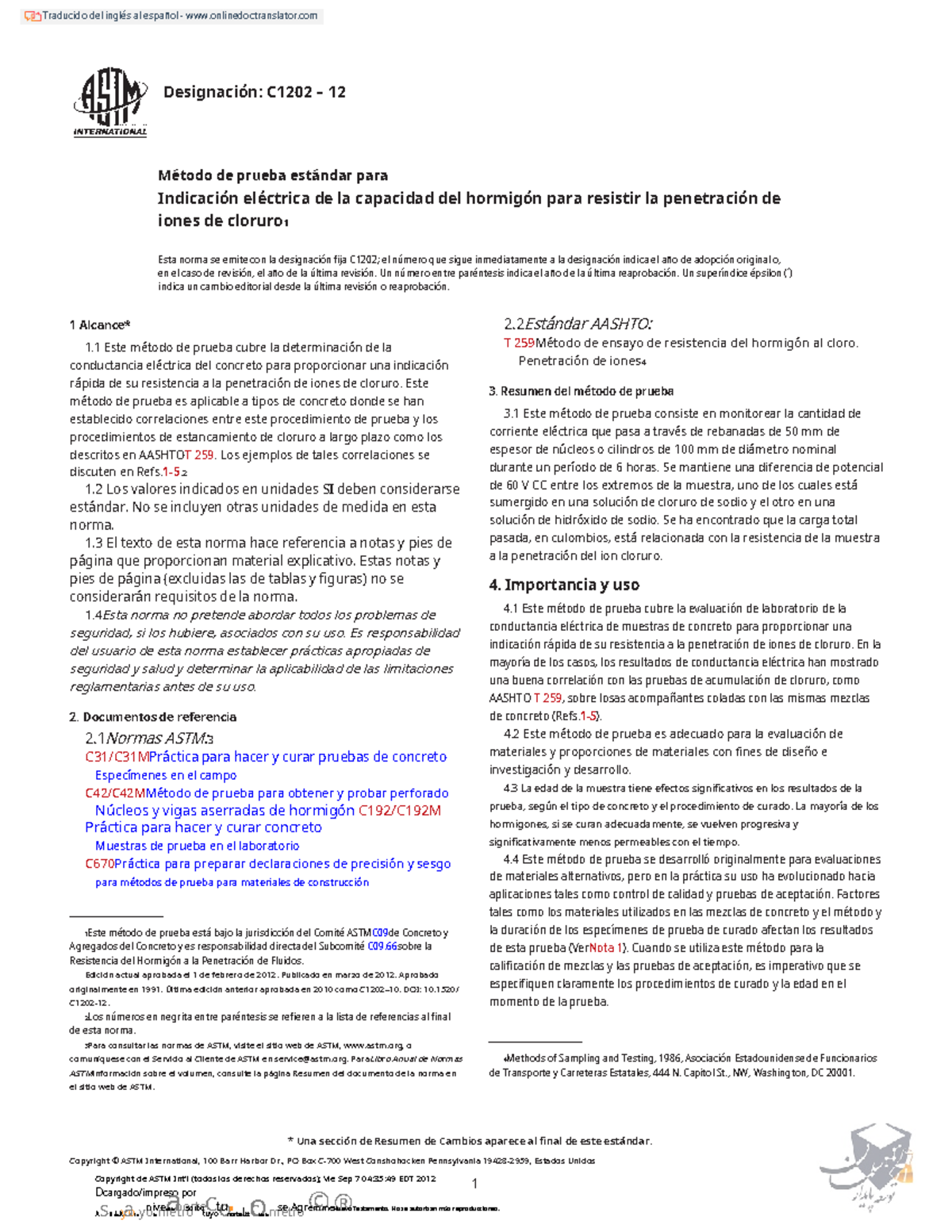 ASTM C1202 - Standard Method for Electrical Testing of Concrete - Studocu