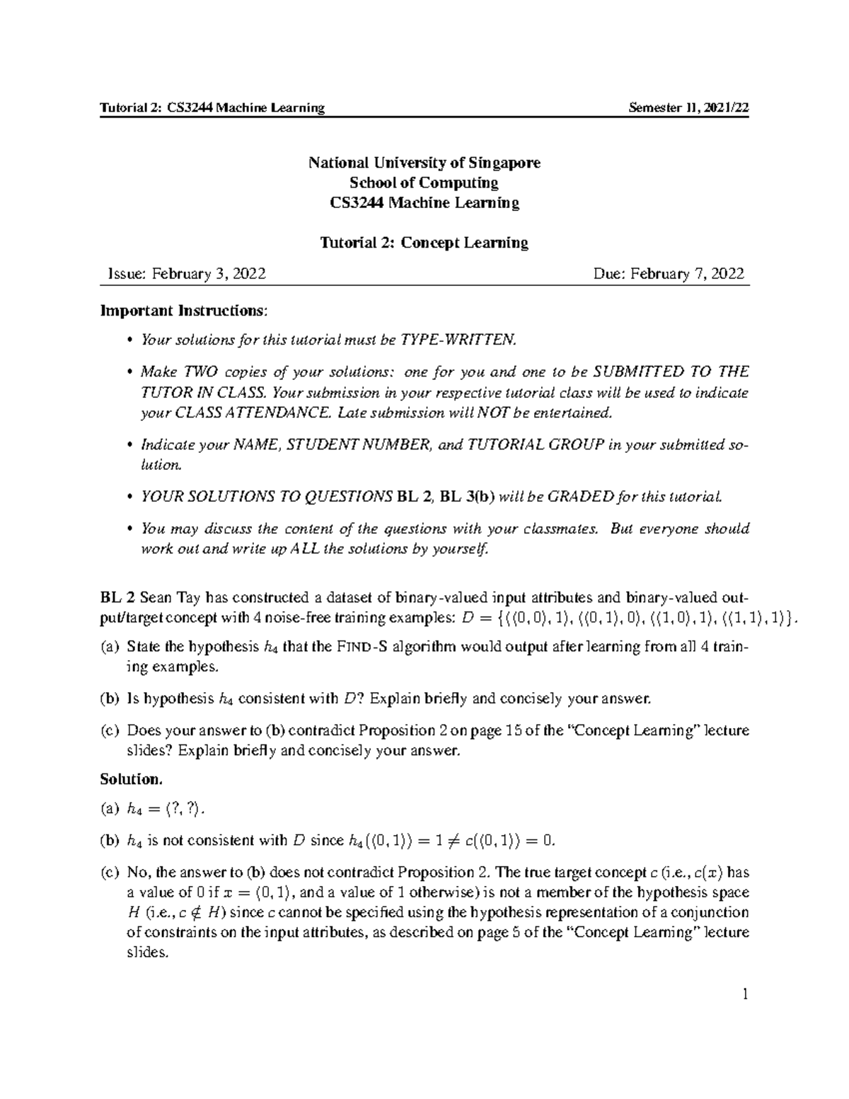 CS3244 Tutorial 2 Solutions: Concept Learning - Semester II 2021 - Studocu