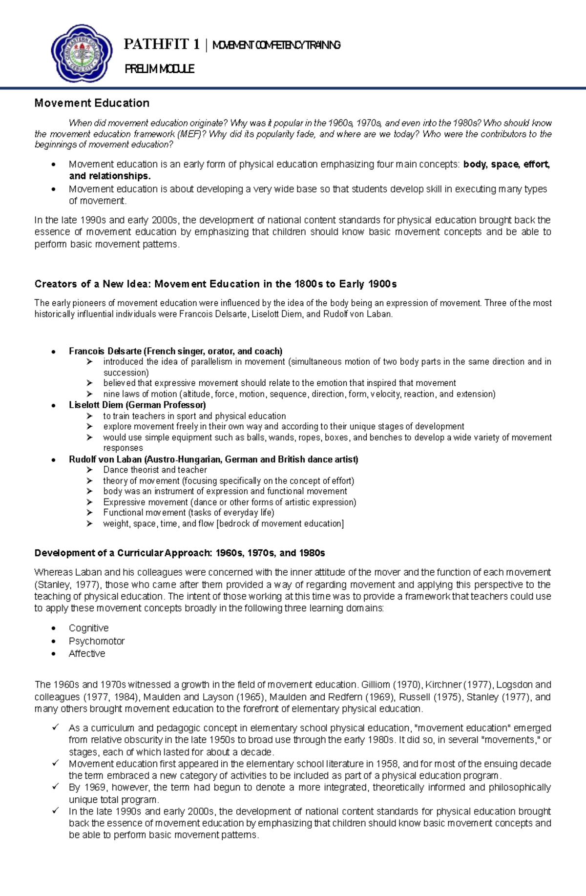 PATHFIT 1 MOVEMENT COMPETENCY TRAINING PRELIM MODULE Overview - Studocu