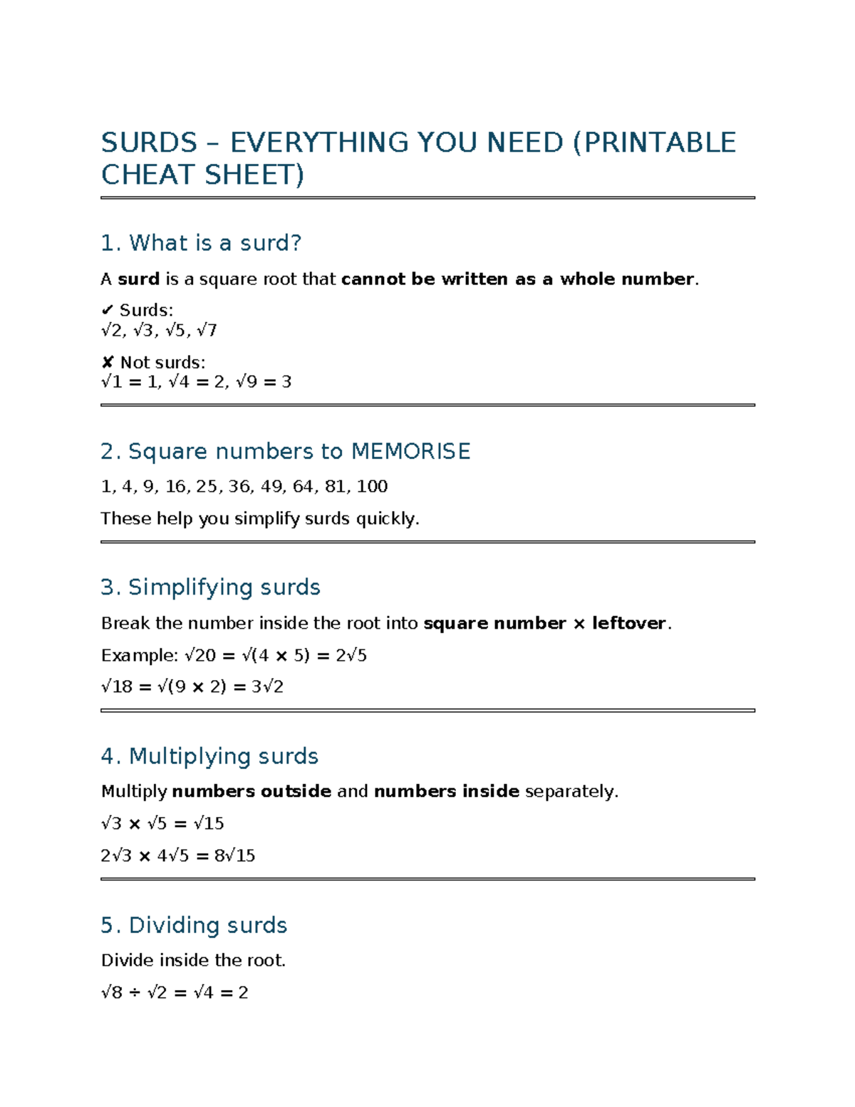 CSEC Surds: Essential Cheat Sheet for Simplification and Operations ...