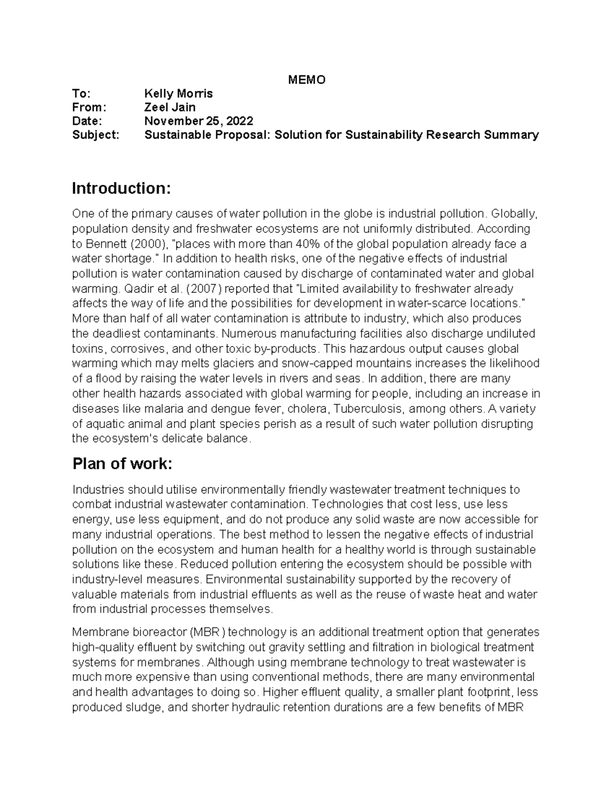 Sustainable proposal - HELP - MEMO To: Kelly Morris From: Zeel Jain ...