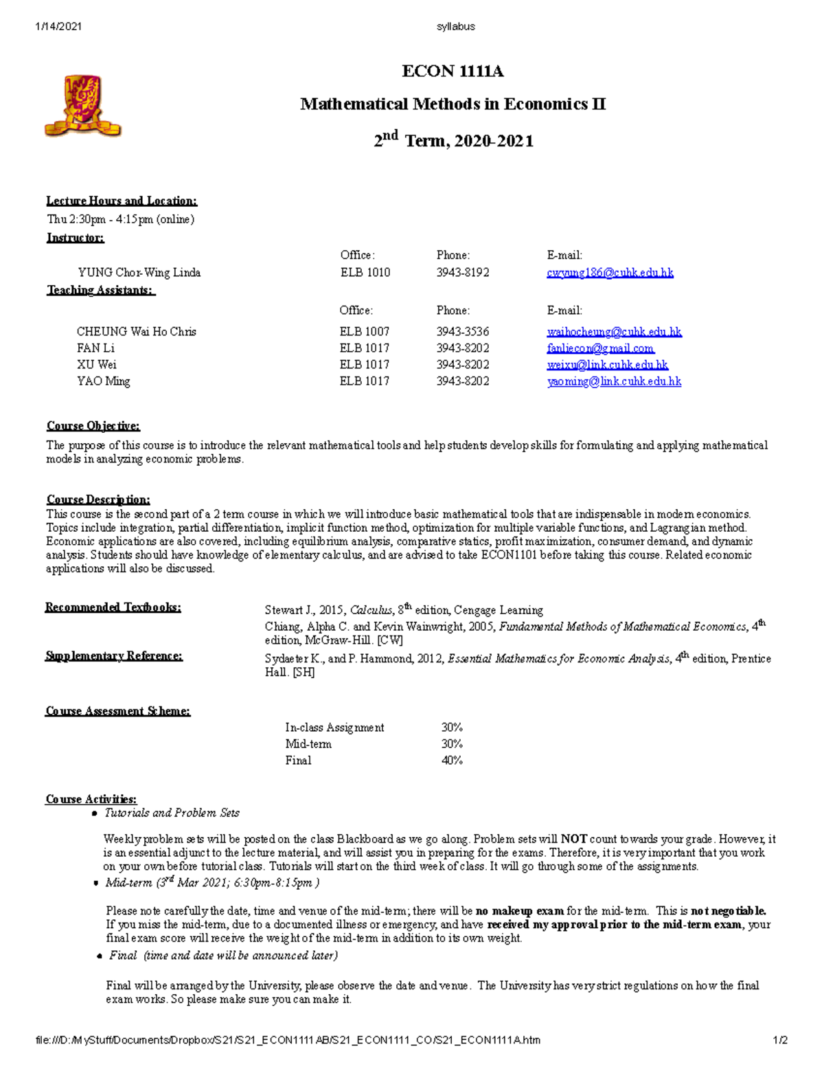 ECON1111A-20-Mathematical Methods in Economics II Syllabus - Studocu