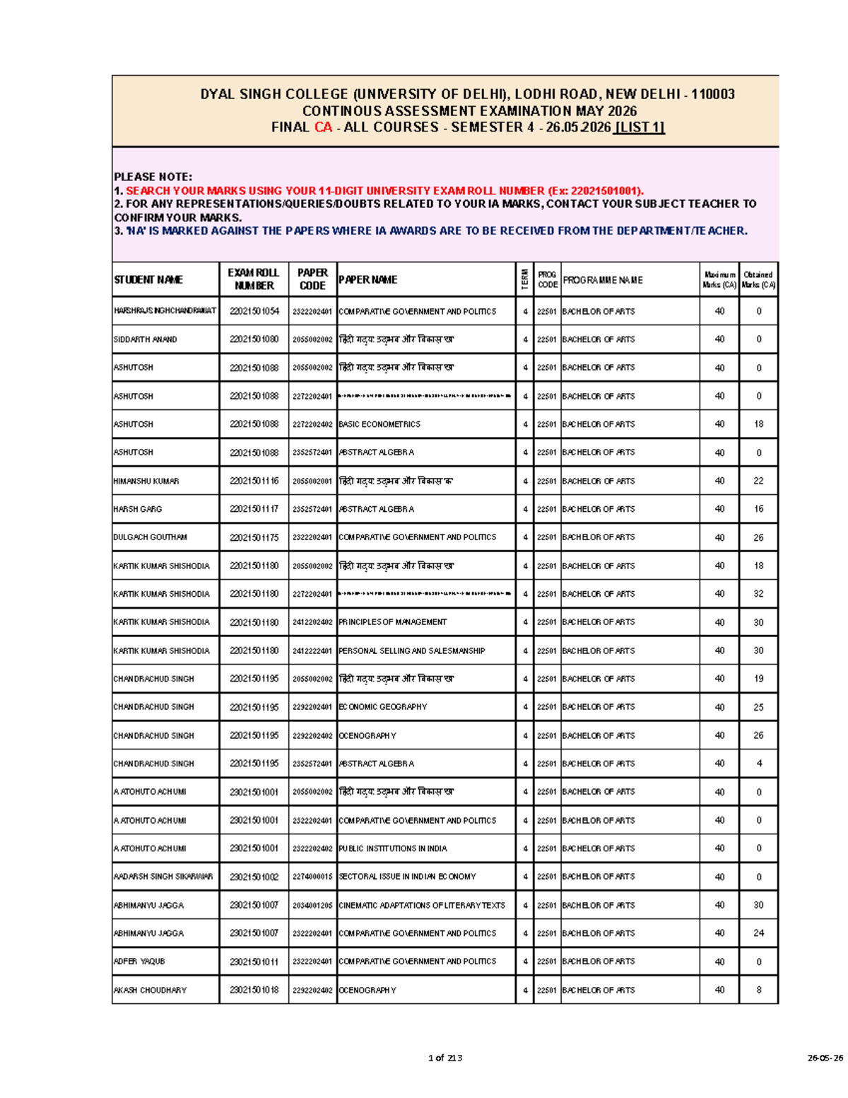 Continuous Assessment Examination May 2026 - Final CA All Courses ...