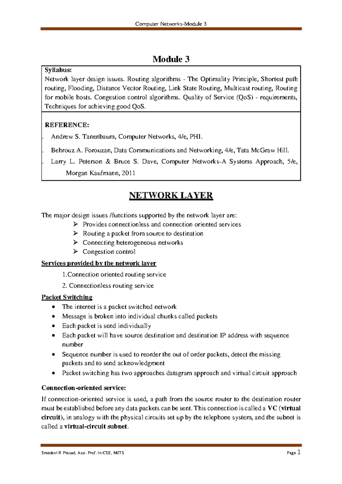 Computer 3 Module 3: Network Layer Design & Routing Algorithms Overview ...