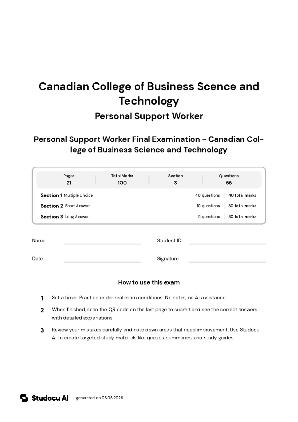 Personal Support Worker Final Exam - Canadian College - Studocu