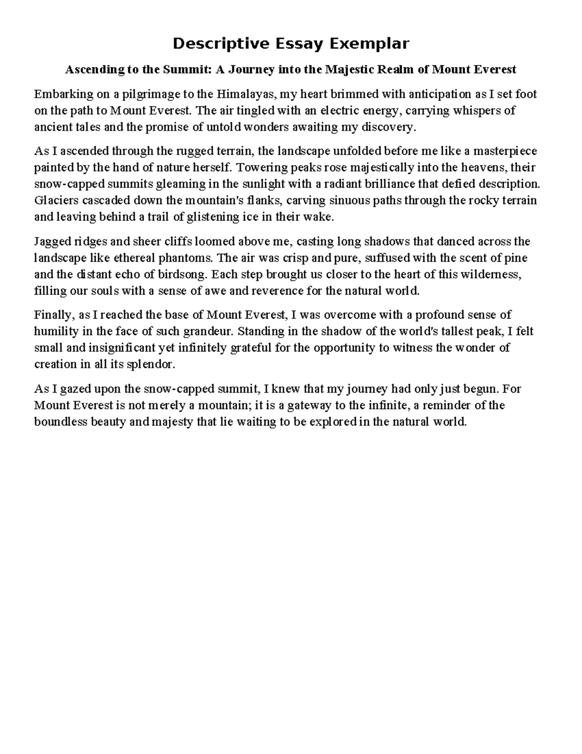 Descriptive Essay Exemplar: Journey to Mount Everest 8AB - Studocu