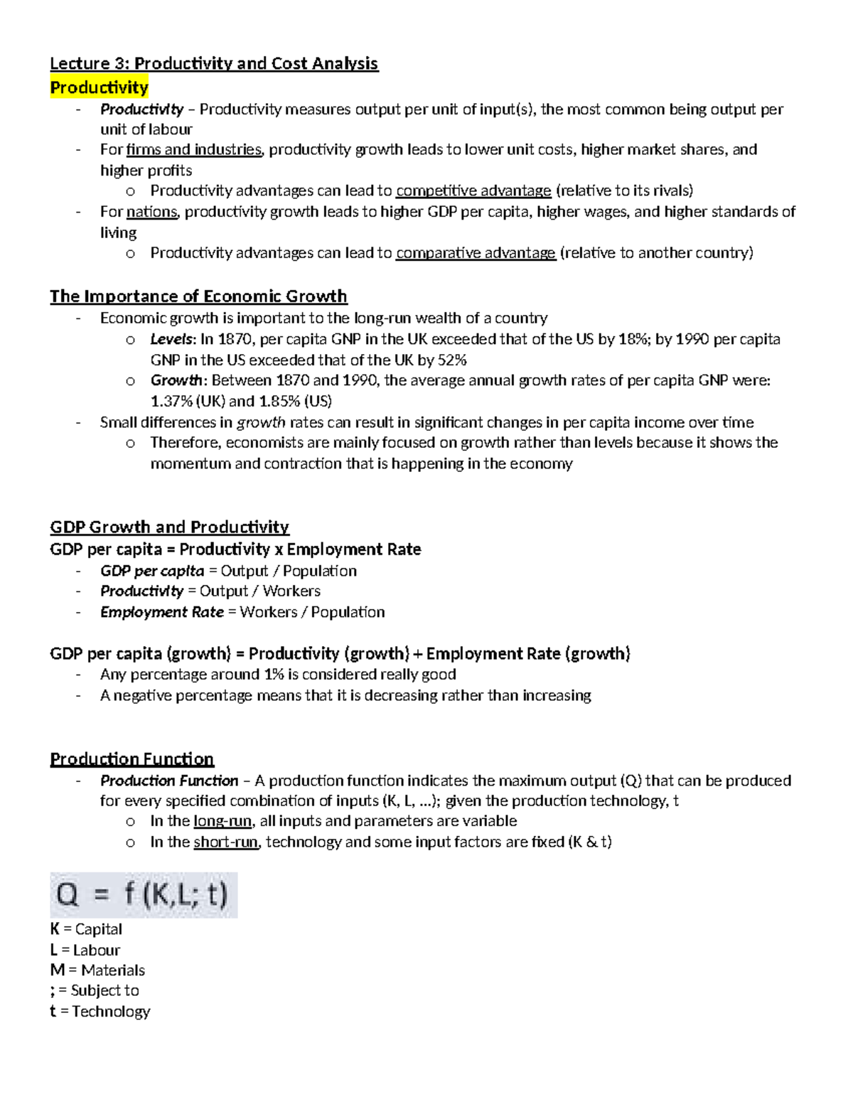 Lecture 3: Productivity & Cost Analysis (ECO 101) - Studocu