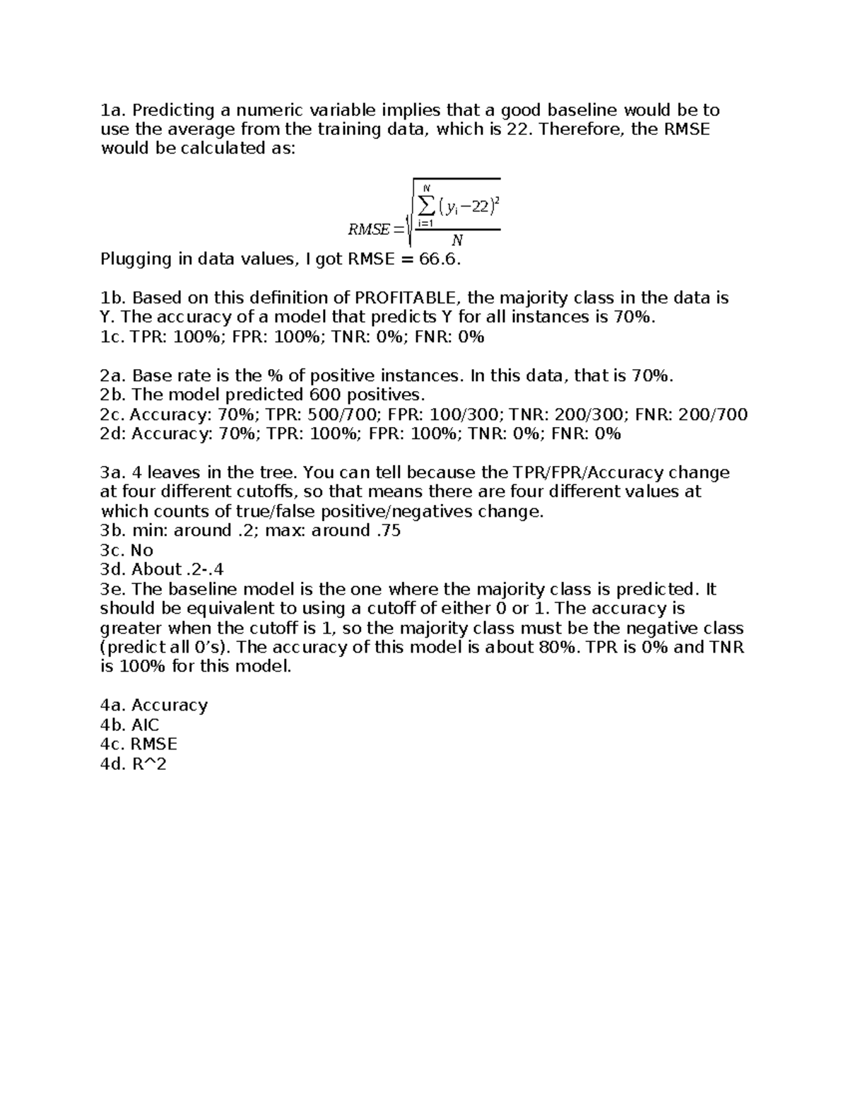 Metrics Answers - INFO 1A: Model Evaluation & Predictions - Studocu