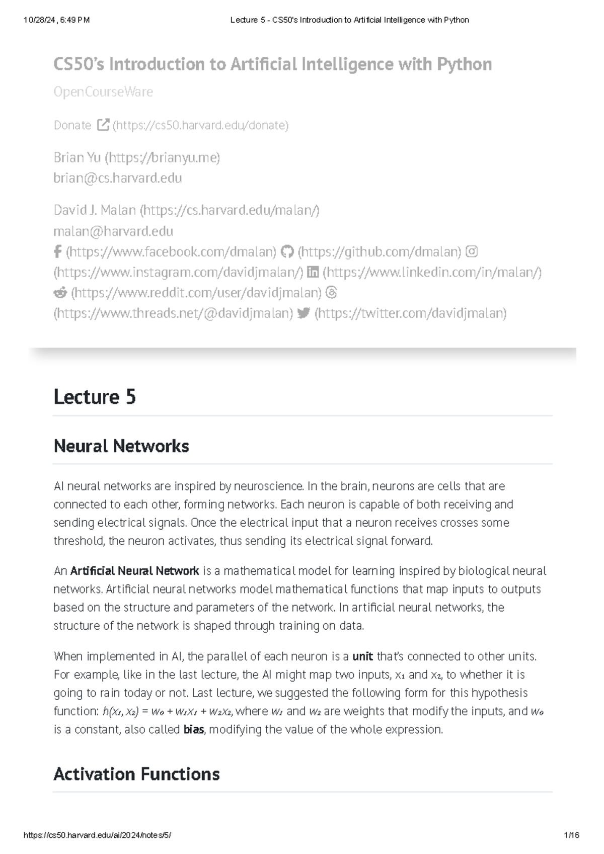 Lecture 5: Neural Networks in CS50's AI with Python - Studocu