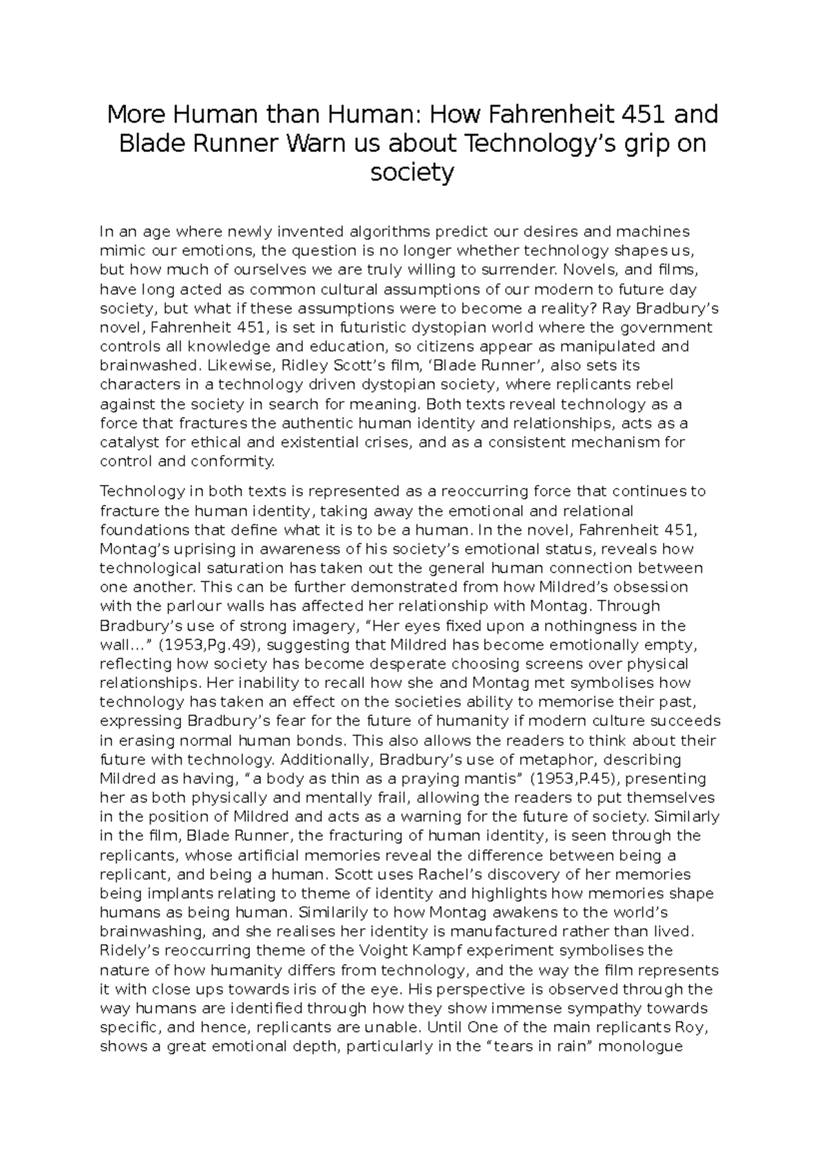 Fahrenheit 451 & Blade Runner: Tech's Threat to Humanity (ENG IA2 ...