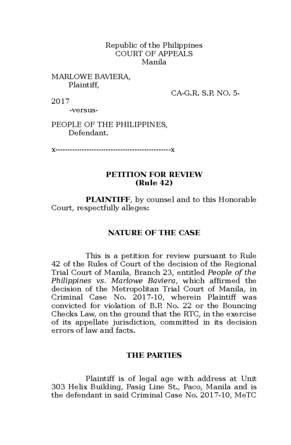Petition for Review Under Rule 42 in CA-G.R. S.P. No. 5-2017 - Studocu