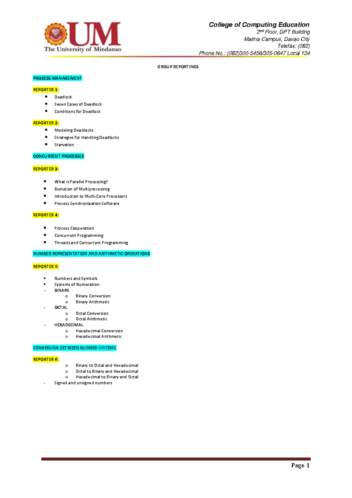 Group Reporting Topics - College of Computing Education 2 nd Floor, DPT ...