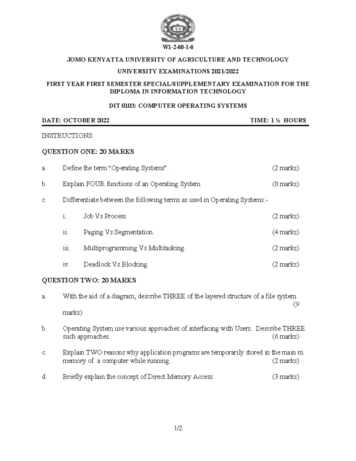 DIT 0103 Final Exam: Computer Operating Systems Overview and Questions ...