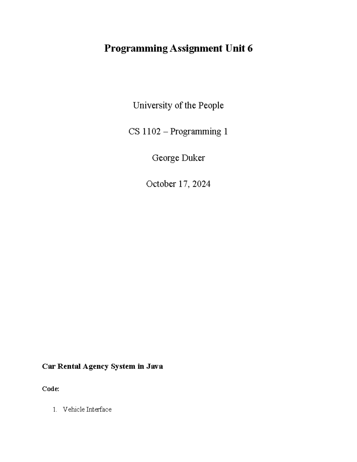 CS 1102 - Programming 1: Unit 6 Programming Assignment on Car Rental ...
