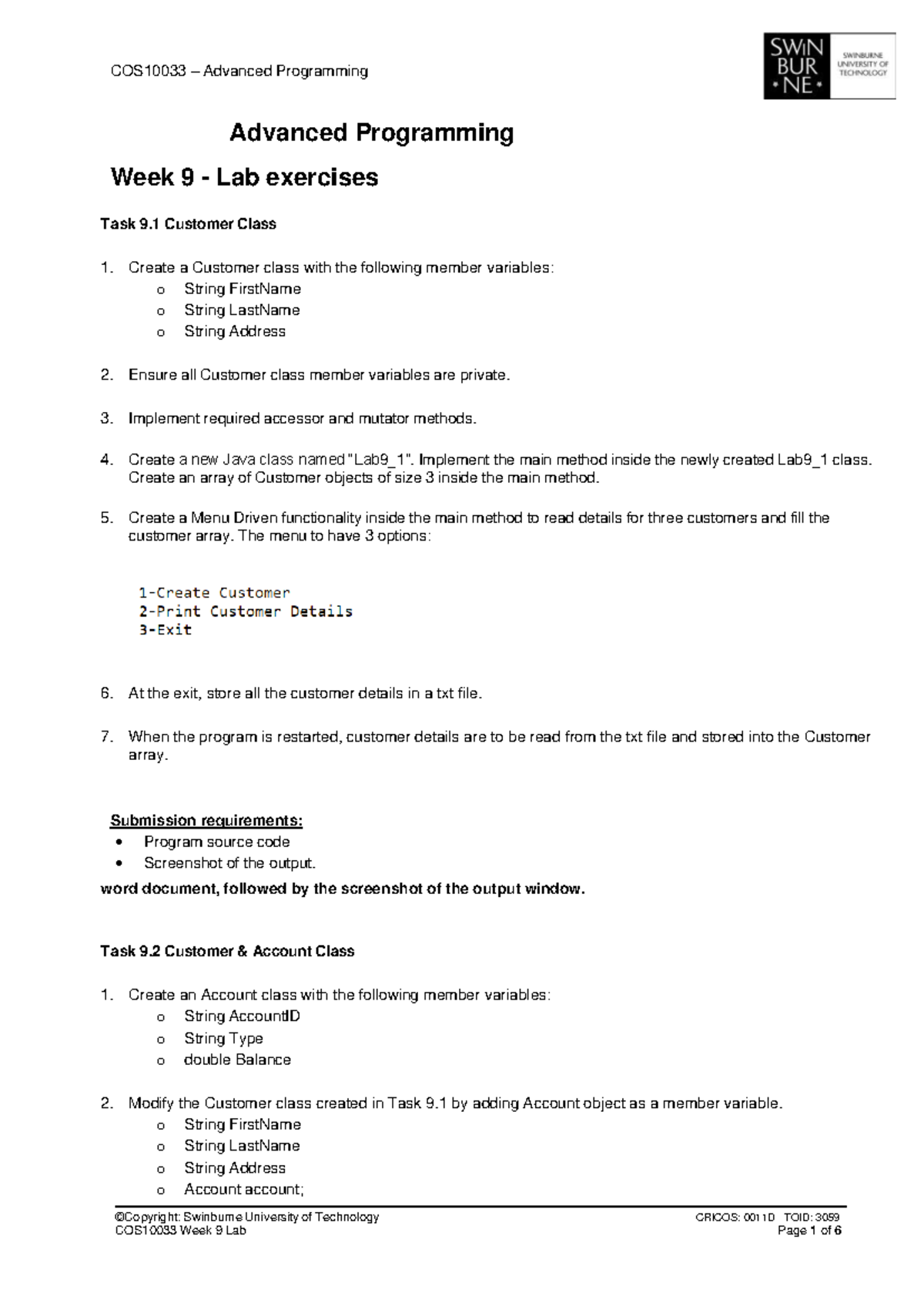 COS10033 Week 9 Lab - Week 9 Lab instructions - ©Copyright: Swinburne ...