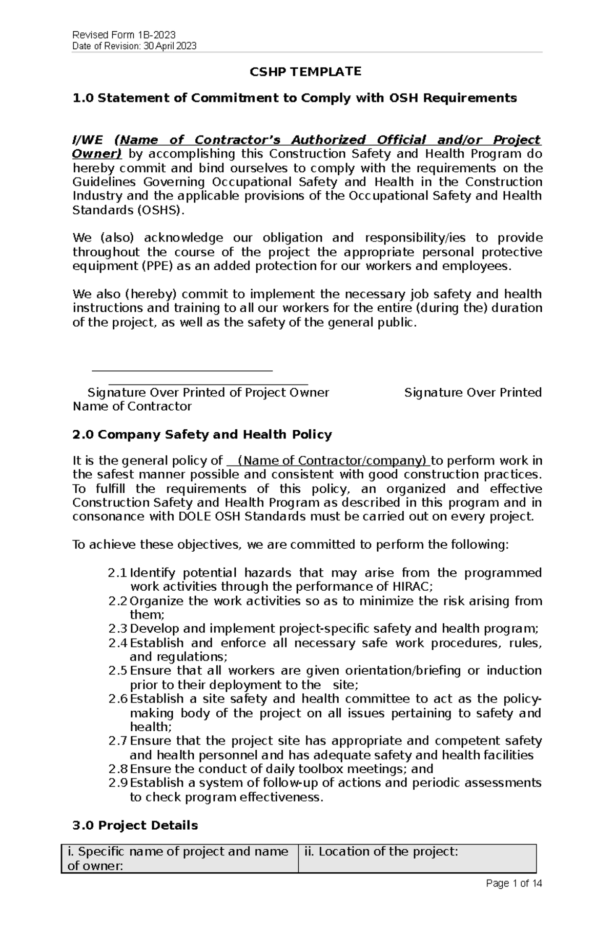 Updated CSHP Template for Construction Safety and Health Program - Studocu