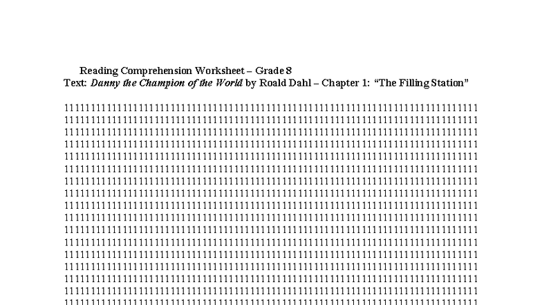 Reading Comprehension Worksheet: Danny the Champion of the World (Grade ...