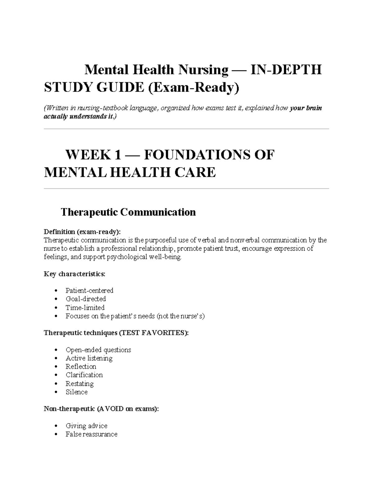 Mental Health Nursing Study Guide: Week 1 & 3 Insights - Studocu