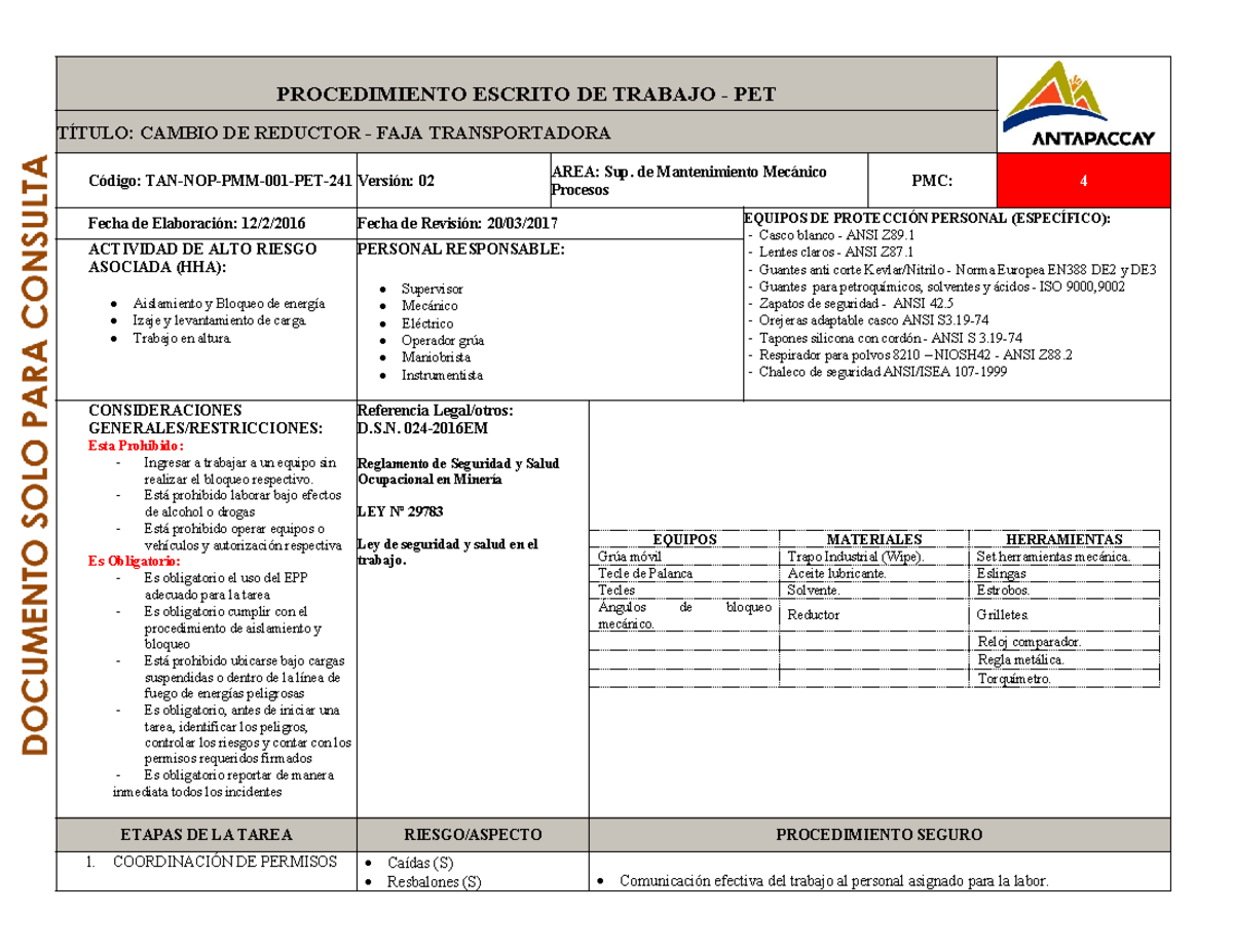 Procedimiento Seguro para Cambio de Reductor de Faja Transportadora ...