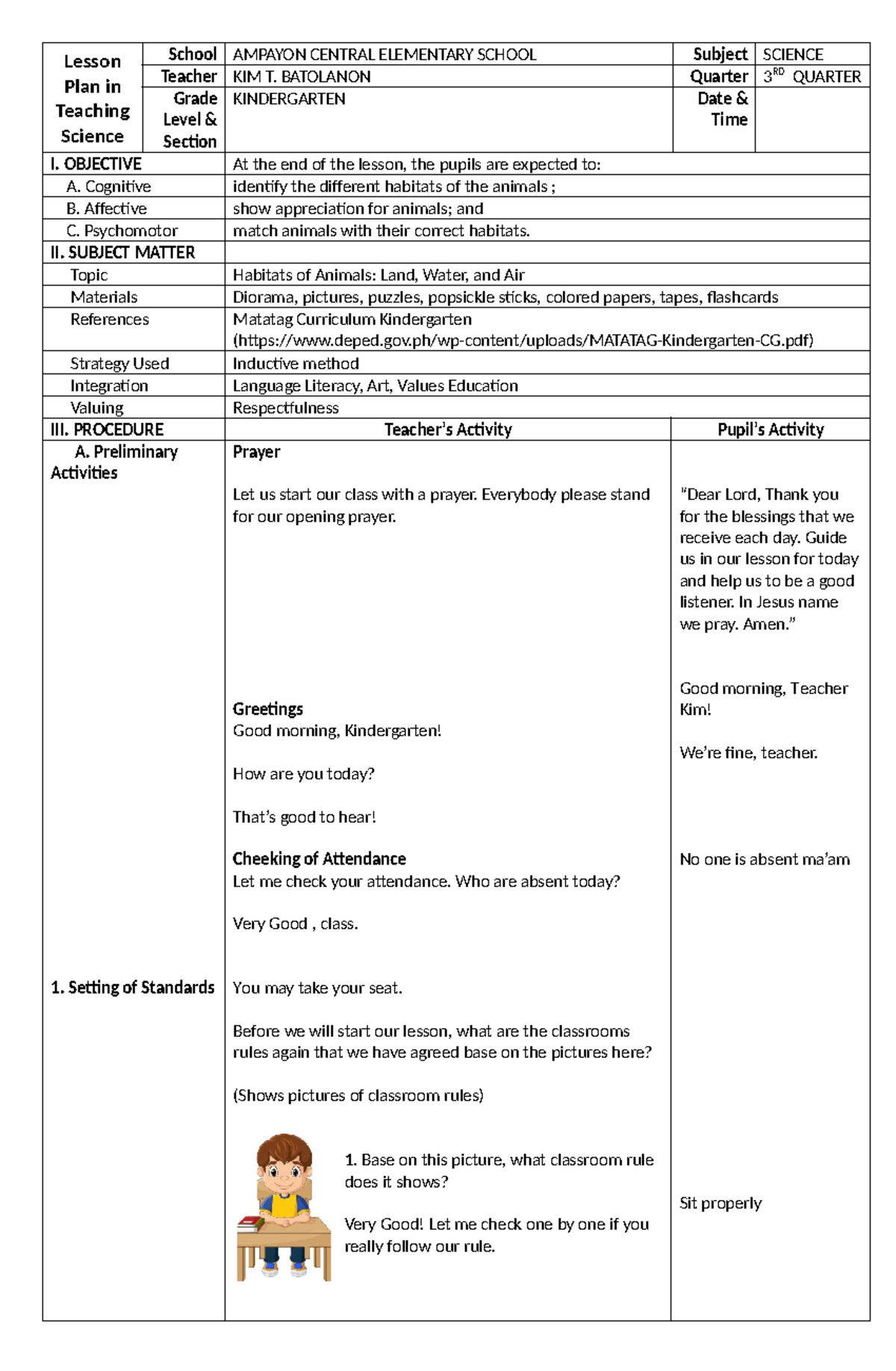 Kindergarten Science Lesson Plan: Habitats of Animals (3rd Quarter ...