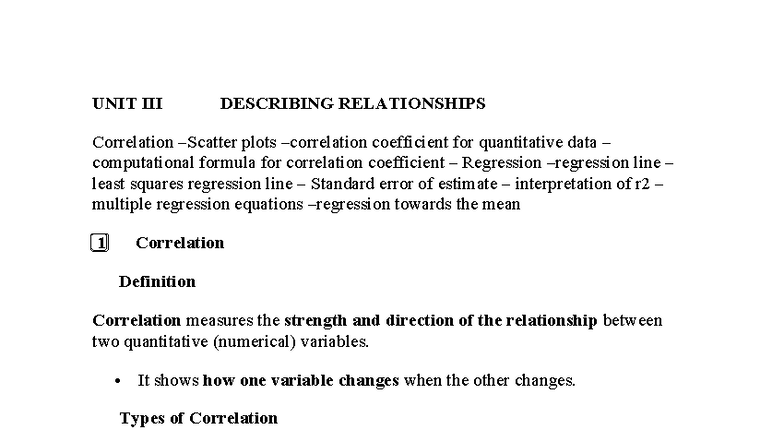UNIT 3 Notes - Data Science: Correlation & Regression Concepts - Studocu