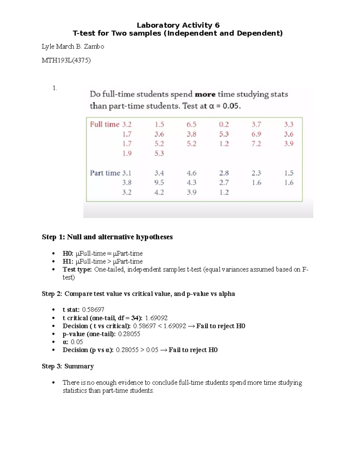Laboratory Activity 6: Hypothesis Testing for MTH193L(4375) - Studocu