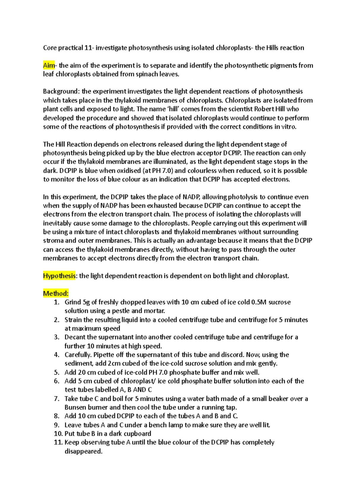 Core Practical 11: Investigating Photosynthesis & Chloroplasts - Studocu
